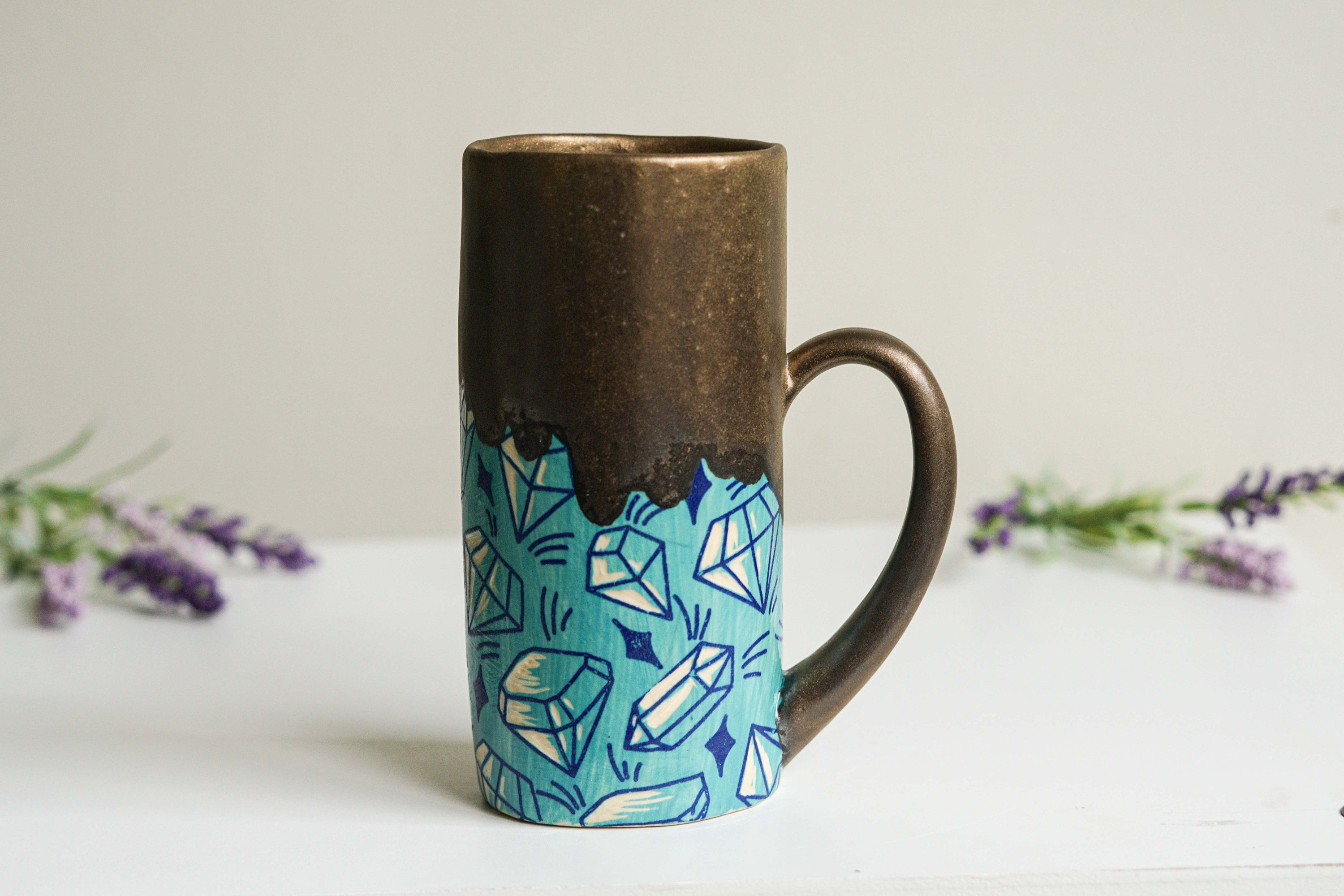 Ceramic Bronze Sgraffito Carved Gem Crystal Mug With Handle | Etsy