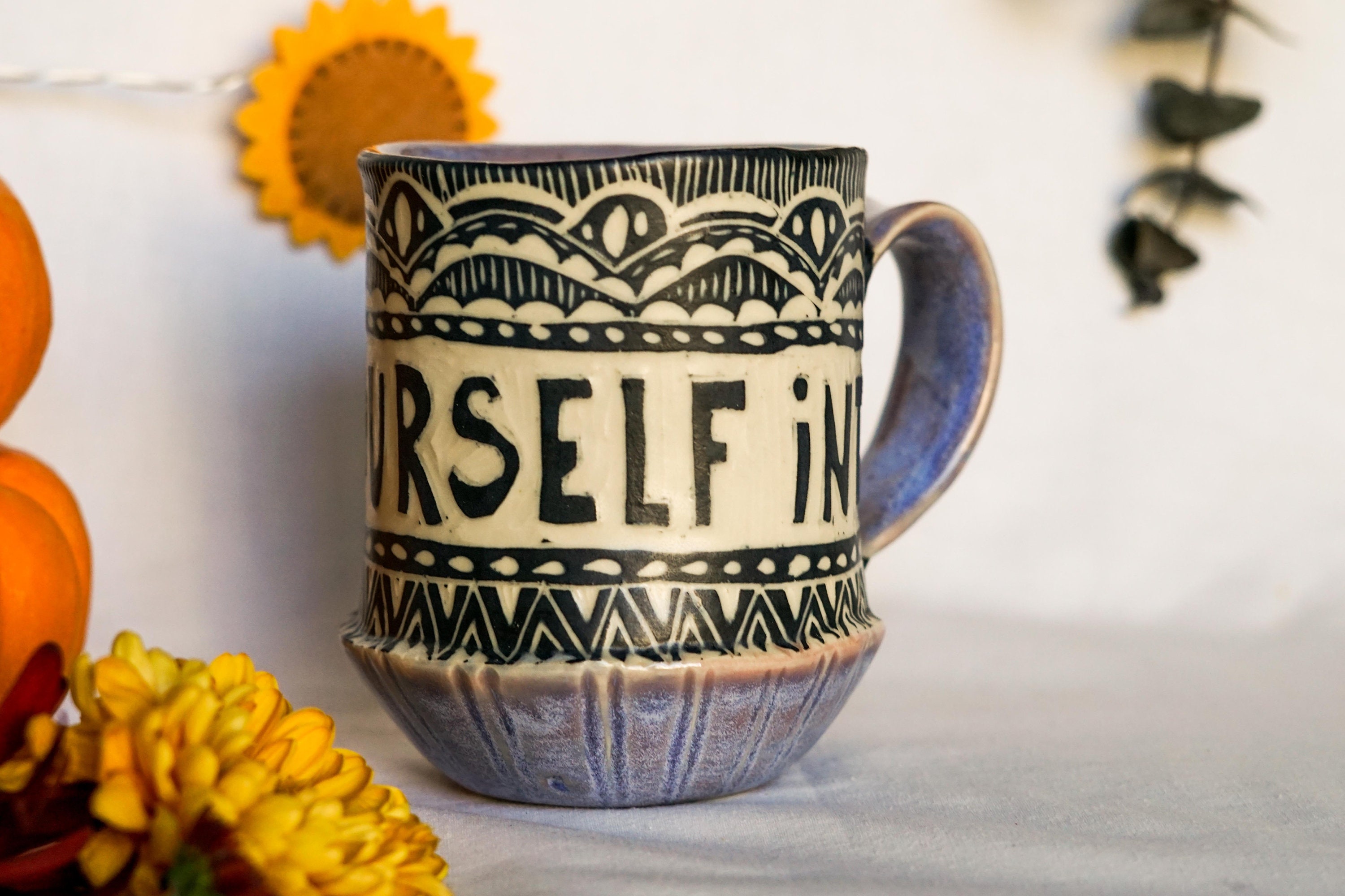 Ceramic Black and White Sgraffito Mug With Handle and - Etsy