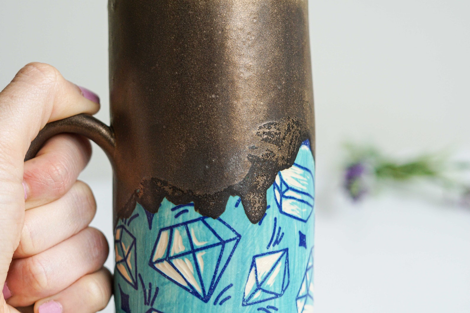 Ceramic Bronze Sgraffito Carved Gem Crystal Mug With Handle | Etsy