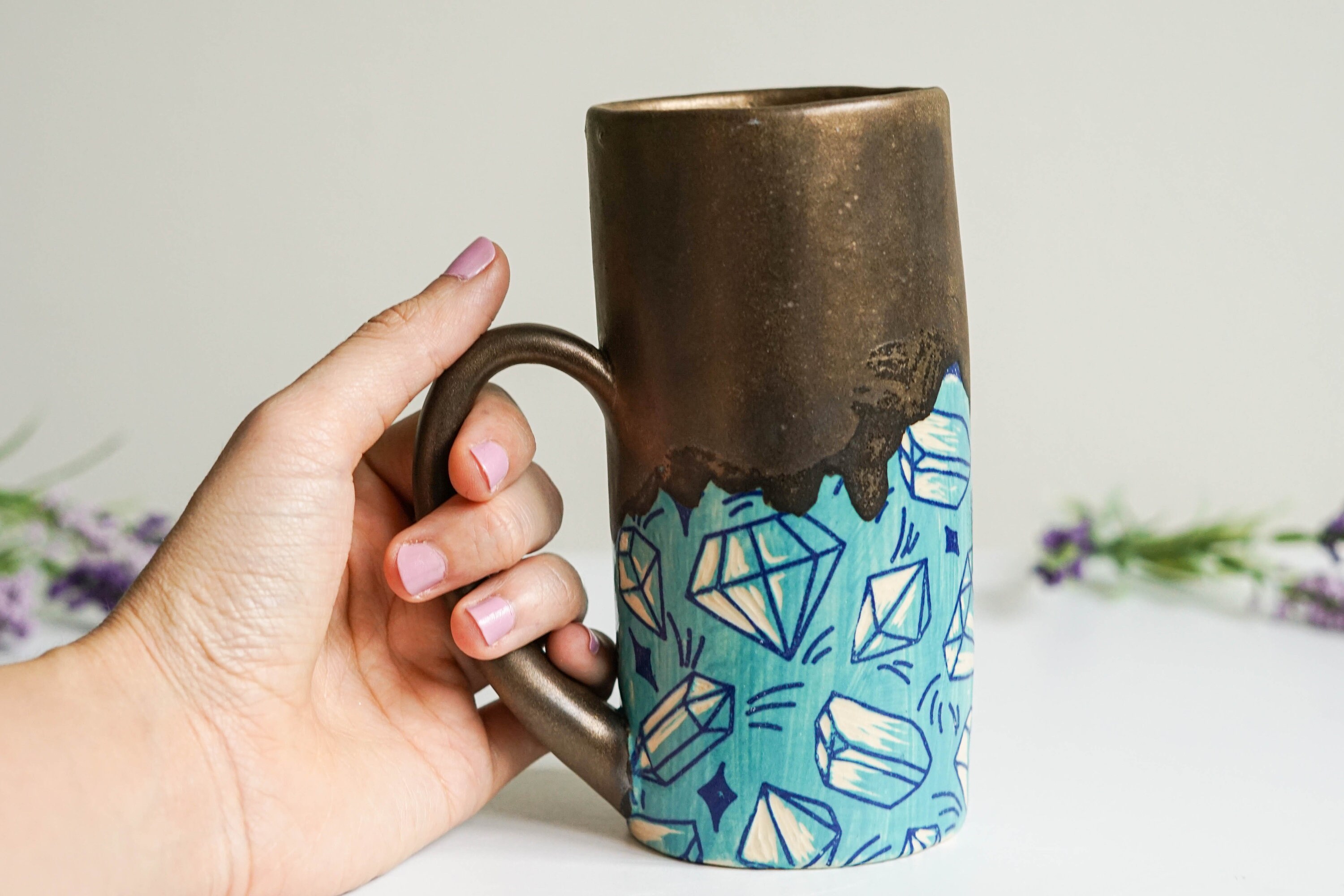 Ceramic Bronze Sgraffito Carved Gem Crystal Mug With Handle | Etsy