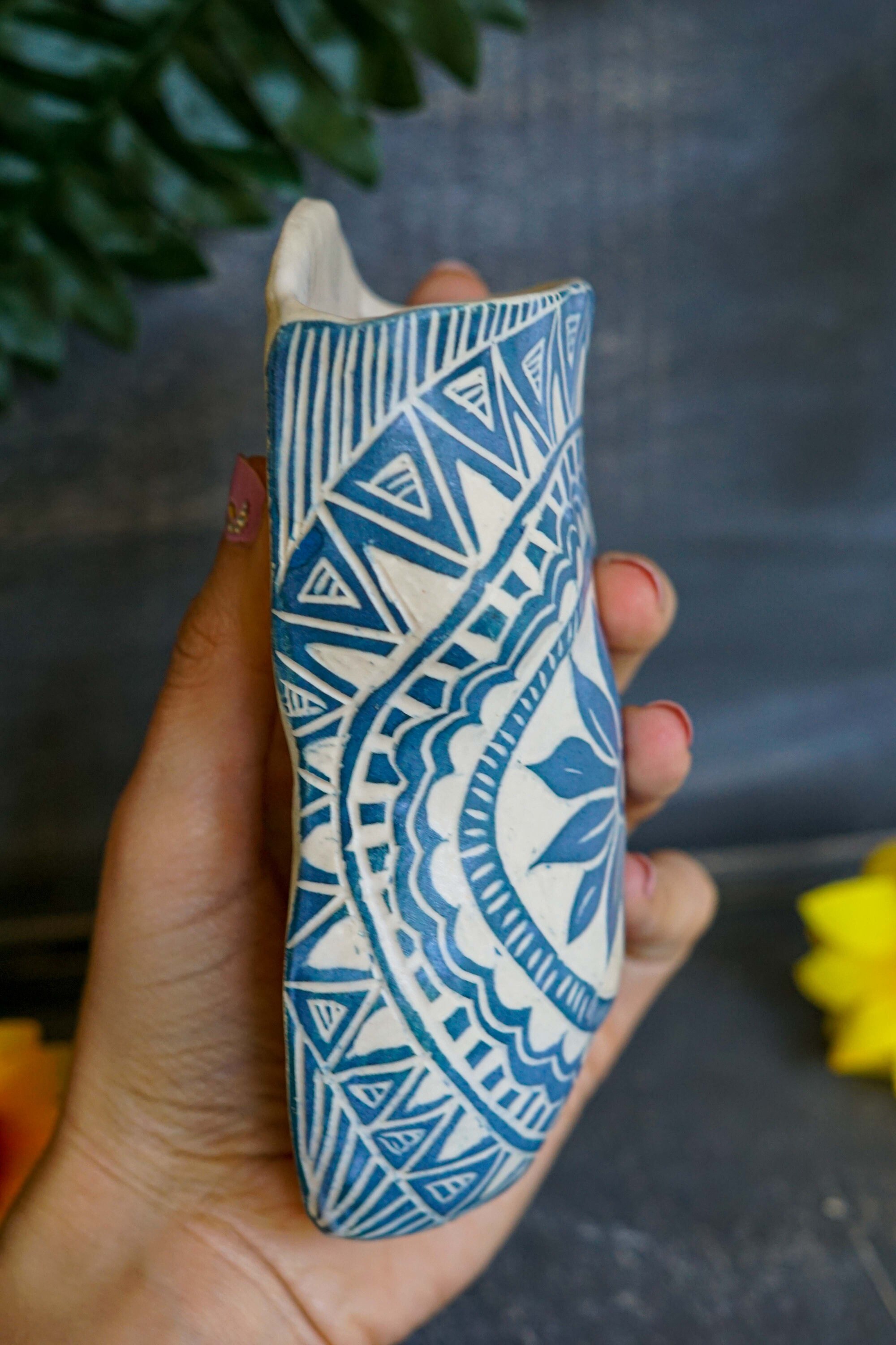 Ceramic Carved Sgraffito Blue and White Pottery Vase Wall - Etsy