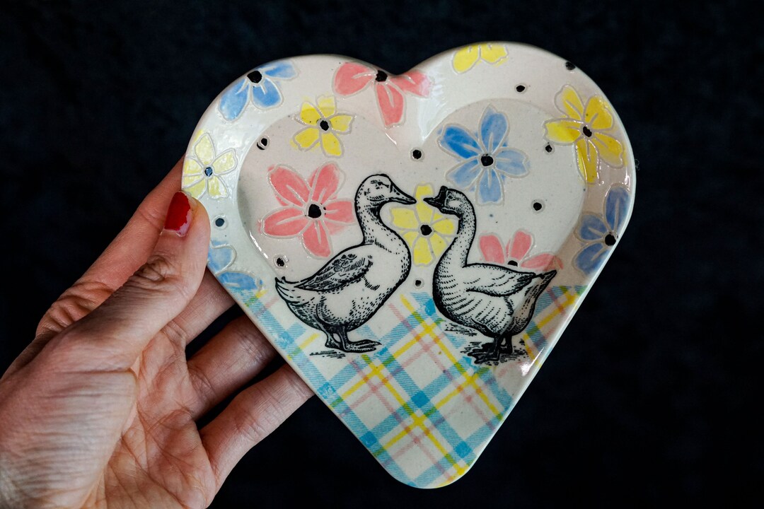 Spoon Rest Geese Plaid Flowers Ceramic Blue White and Pink Sgraffito ...