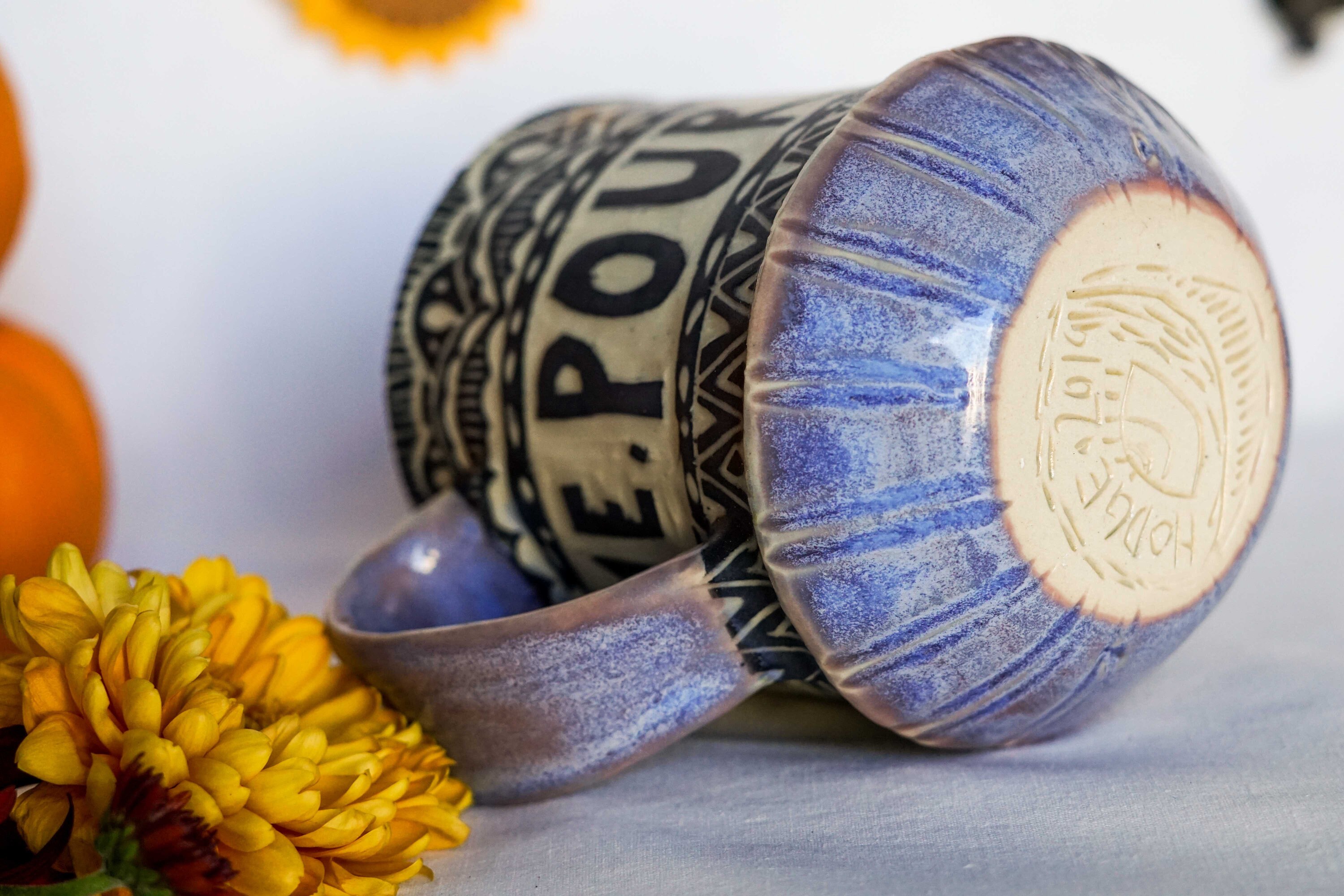 Ceramic Black and White Sgraffito Mug With Handle and - Etsy