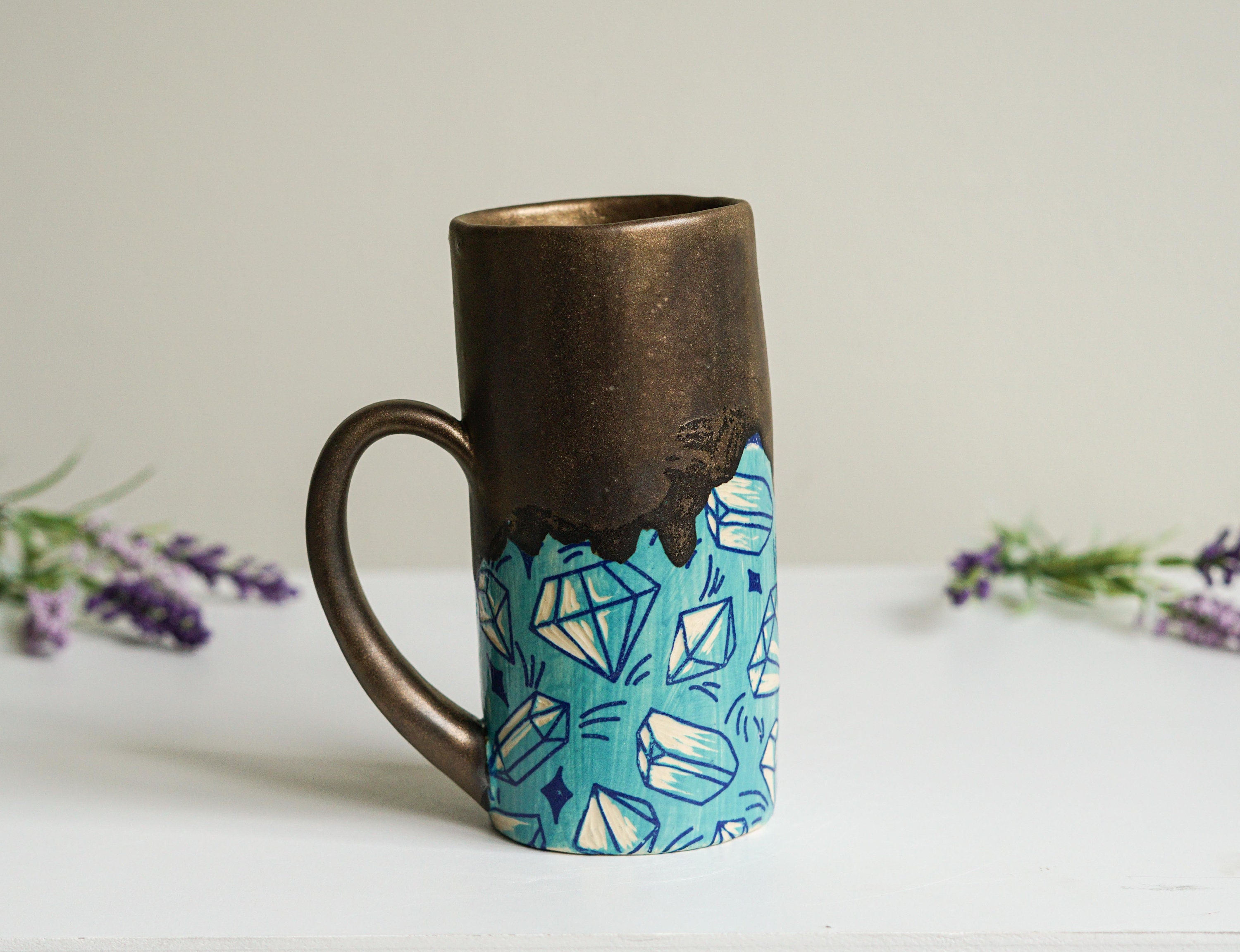 Ceramic Bronze Sgraffito Carved Gem Crystal Mug With Handle | Etsy
