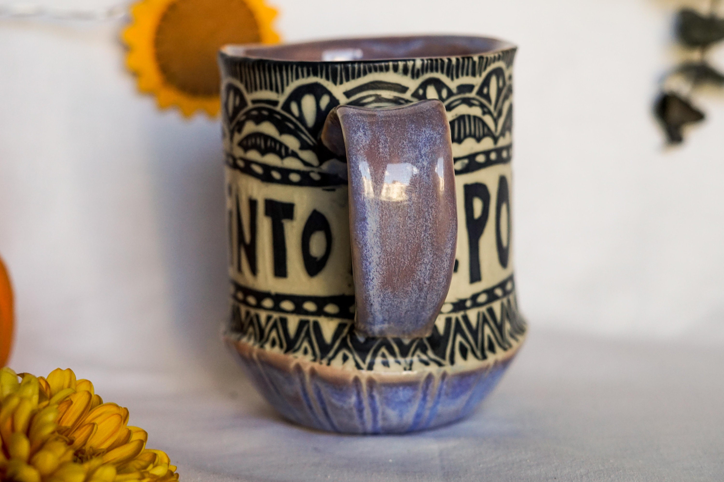 Ceramic Black and White Sgraffito Mug With Handle and - Etsy