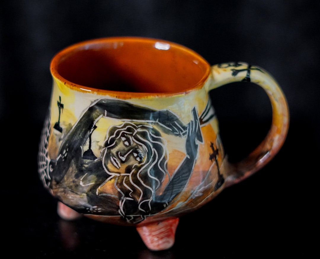 Handmade Ceramic Cauldron Mug: Lamia, Skulls, Graveyard Sgraffito Witch ...