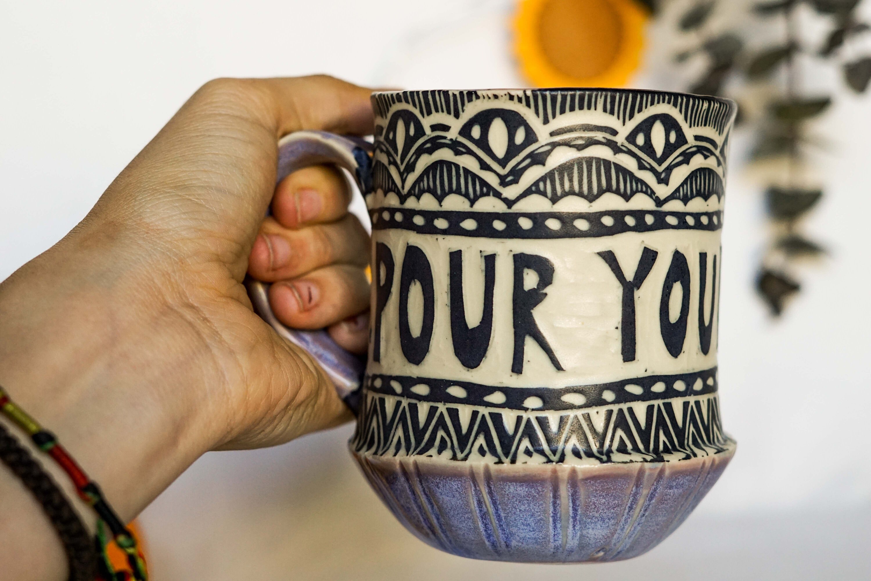 Ceramic Black and White Sgraffito Mug With Handle and - Etsy