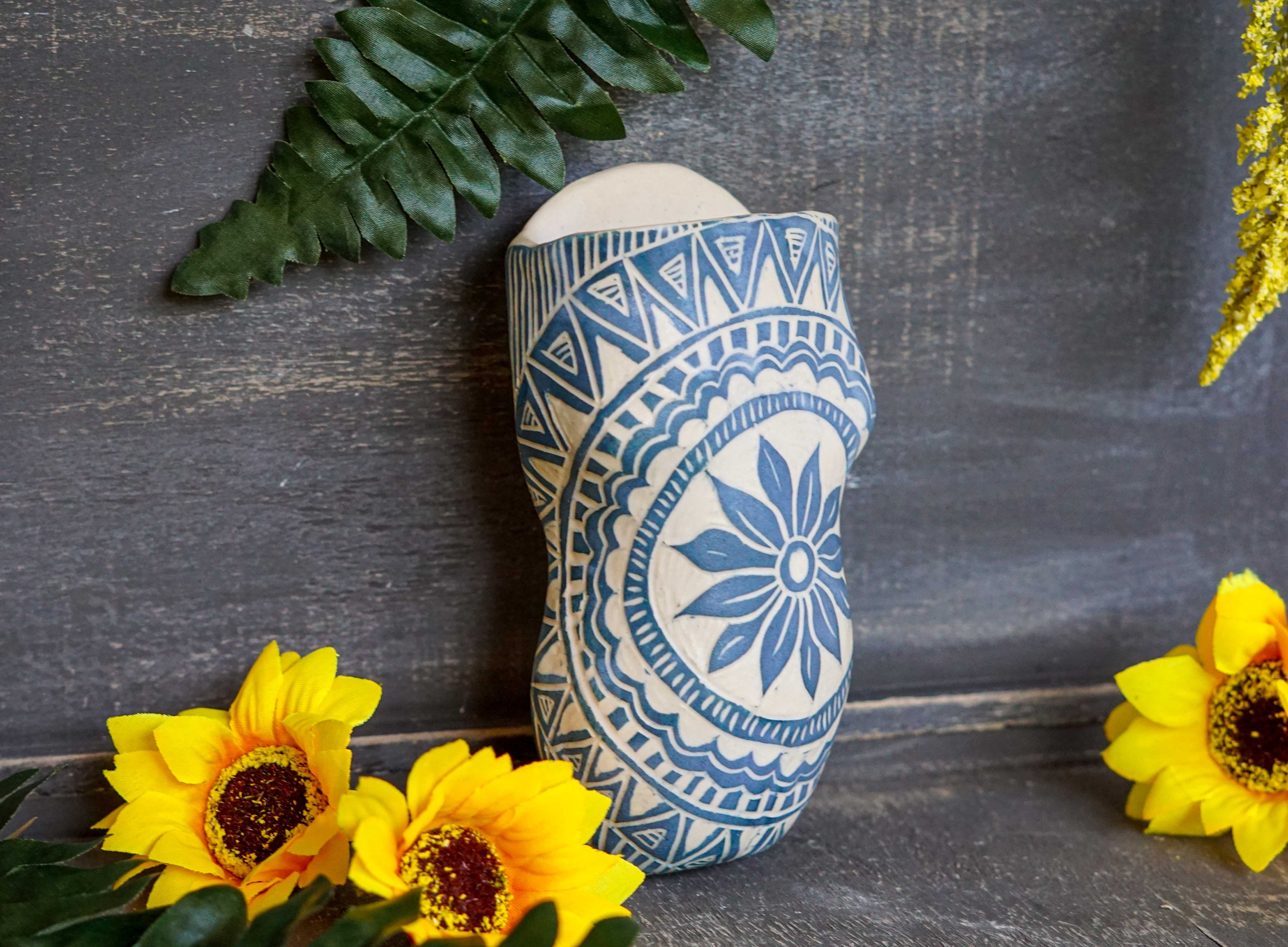 Ceramic Carved Sgraffito Blue and White Pottery Vase Wall - Etsy