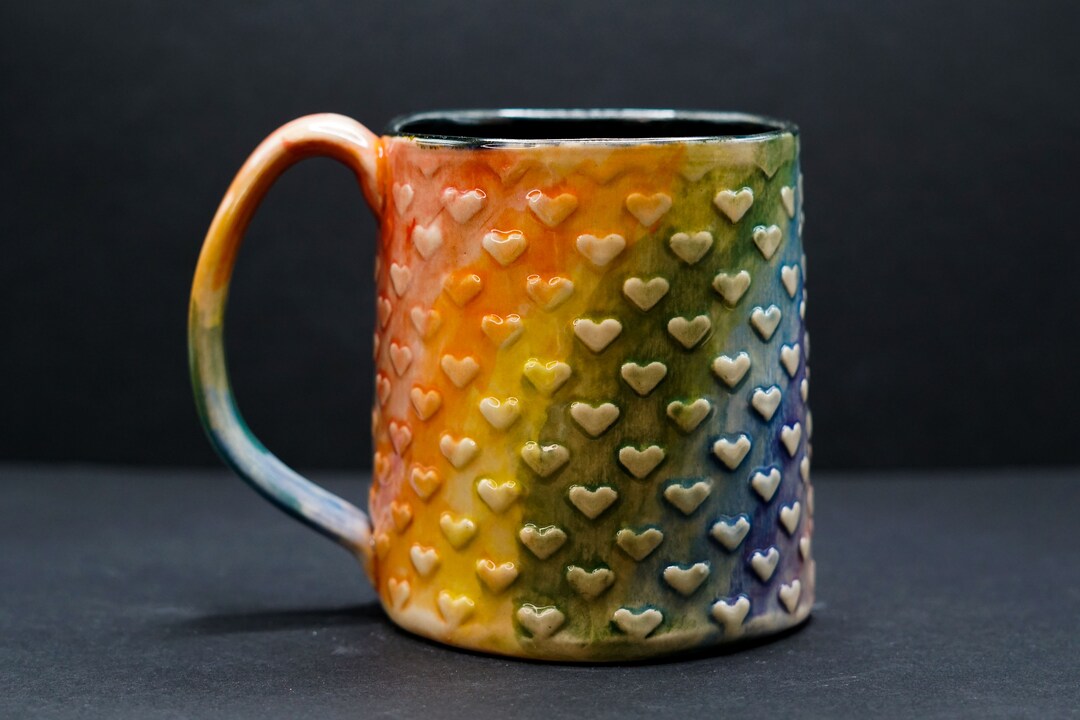 Ceramic Rainbow Heart Mug With Sparkly Glaze Handle Pottery - Etsy