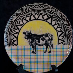 Cow Plate Ceramic Sgraffito Animal Plaid Wilderness Serving Dish With ...