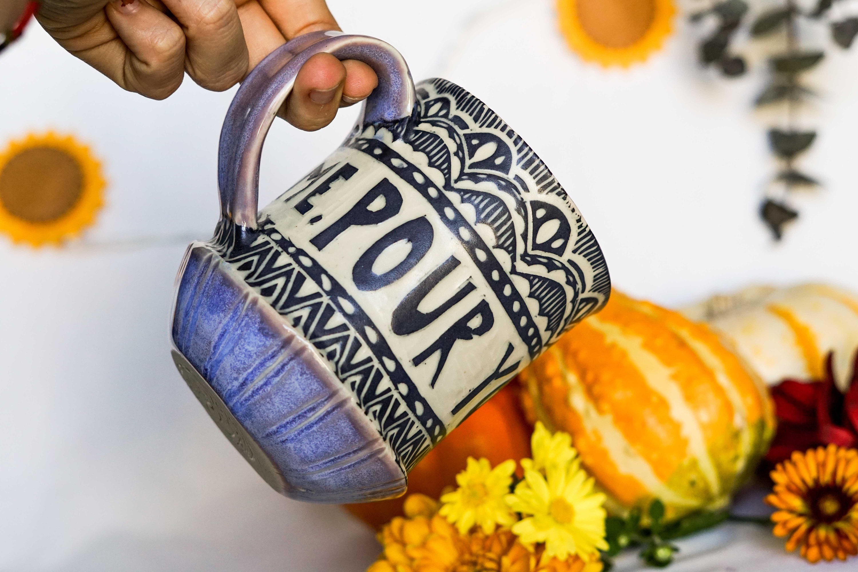 Ceramic Black and White Sgraffito Mug With Handle and - Etsy