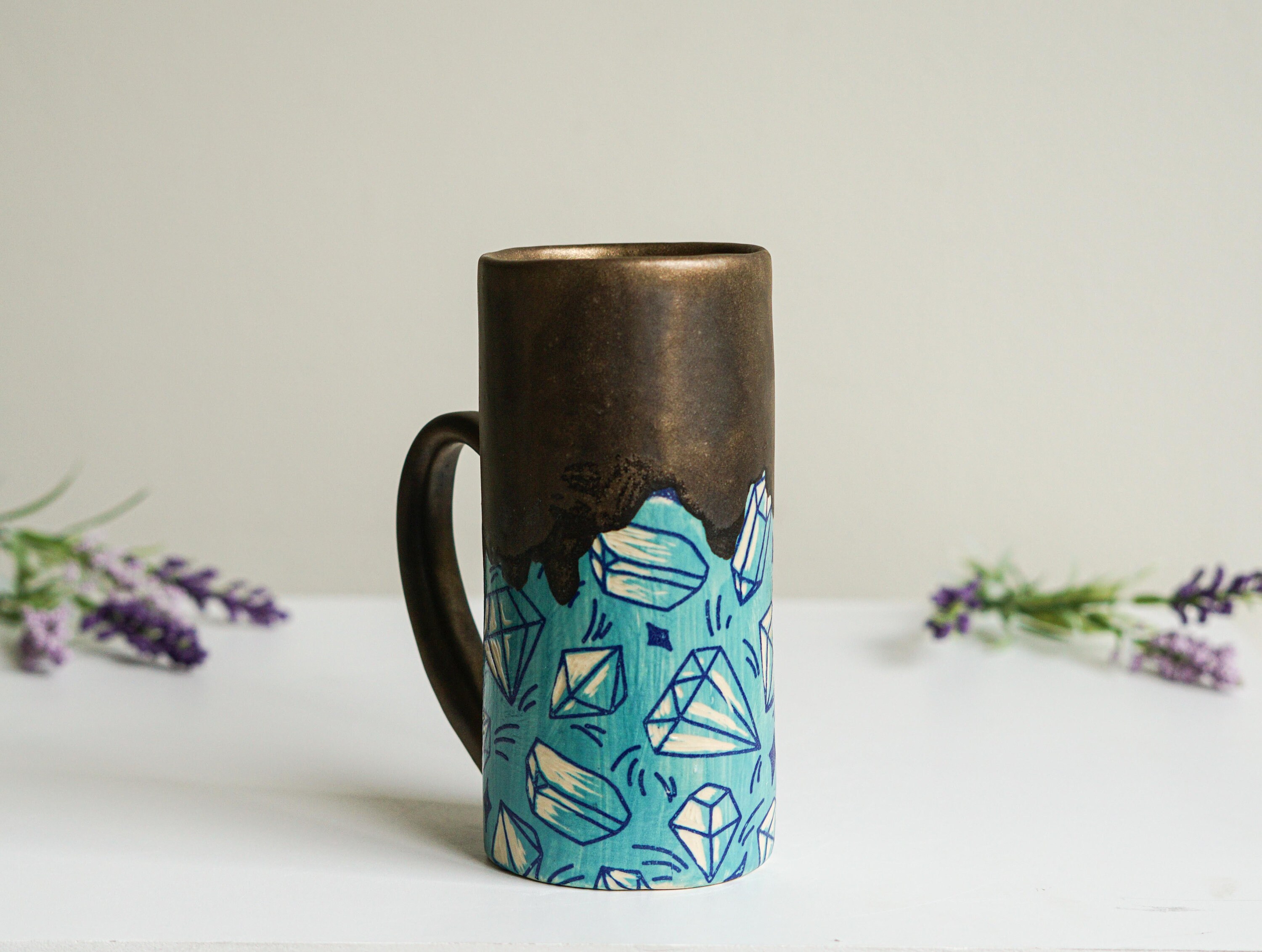 Ceramic Bronze Sgraffito Carved Gem Crystal Mug With Handle | Etsy