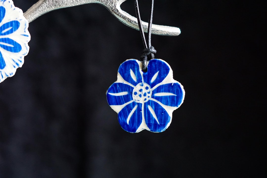 Handmade Christmas Tree Sgraffito Flower Eye Blue Ceramic Ornament ...