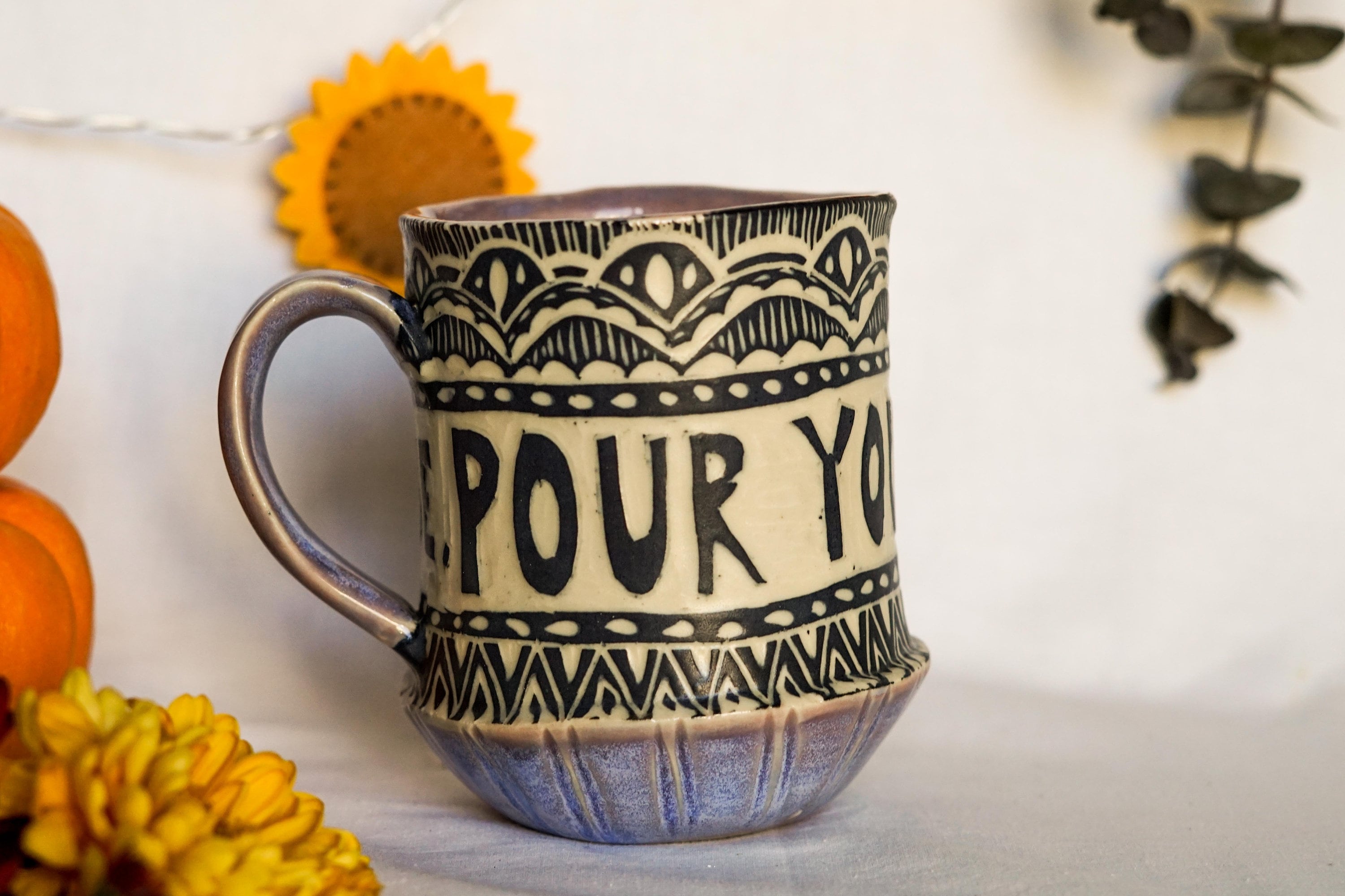 Ceramic Black and White Sgraffito Mug With Handle and | Etsy