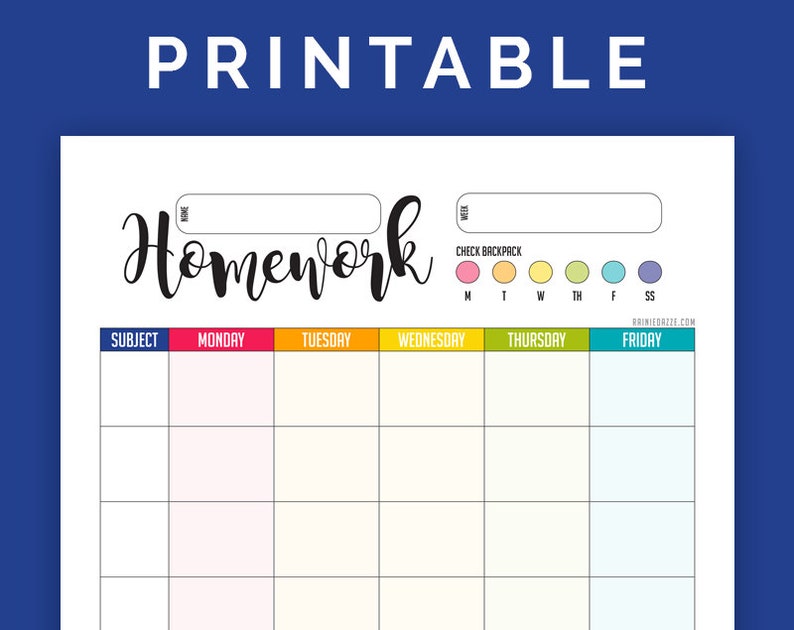 Homework Chart - Printable PDF - Portrait, Letter Size - Etsy