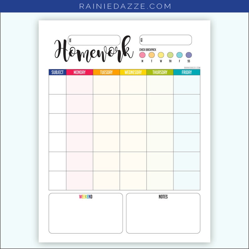 Homework Chart - Printable PDF - Portrait, Letter Size - Etsy