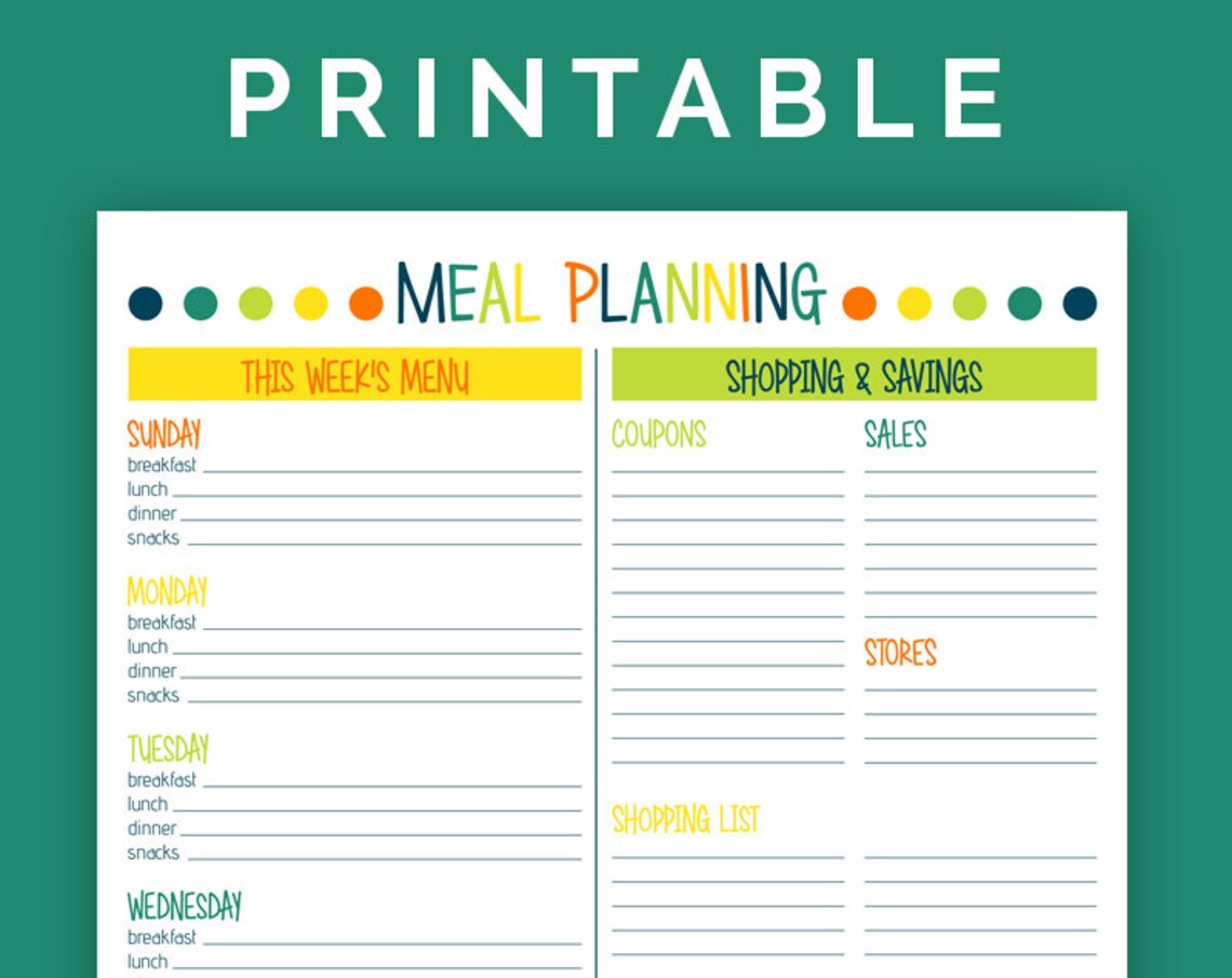 Meal Planning Kit - Printable PDF - 4 Pages - Etsy