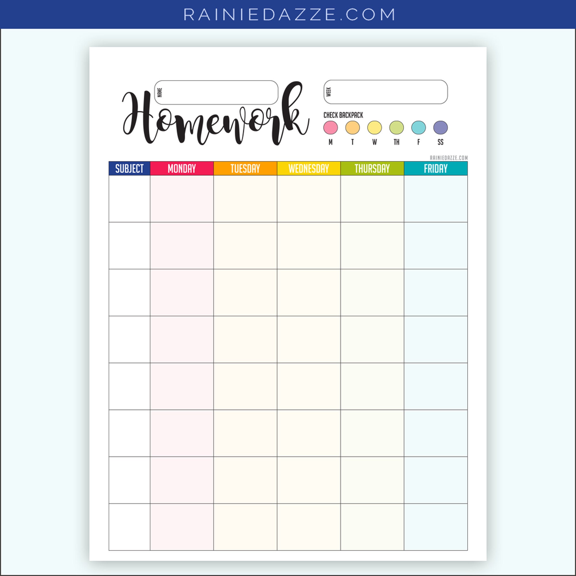 Homework Chart With 8 Rows - Printable PDF - Portrait, Letter Size - Etsy