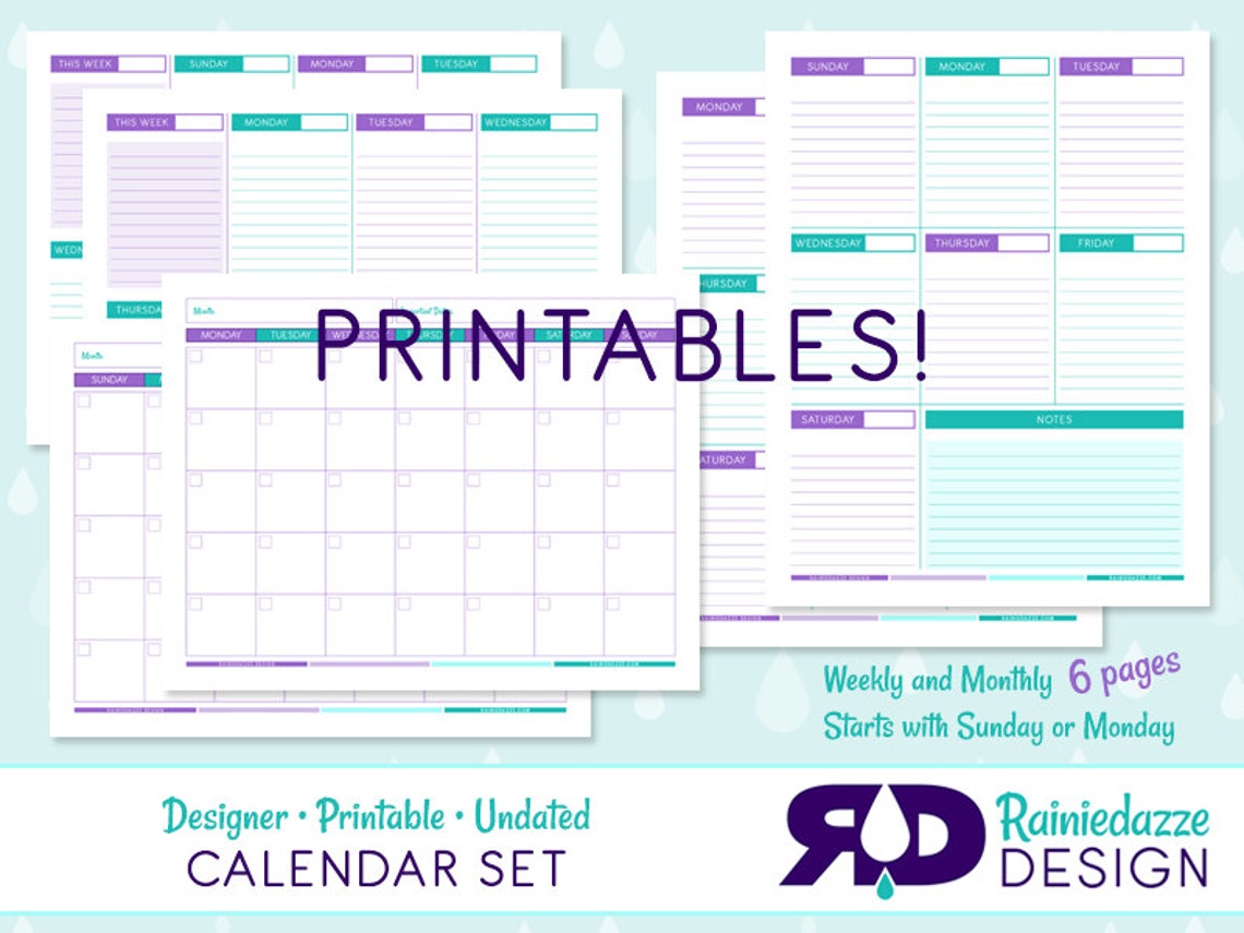 Monthly and Weekly Calendar Set - Etsy