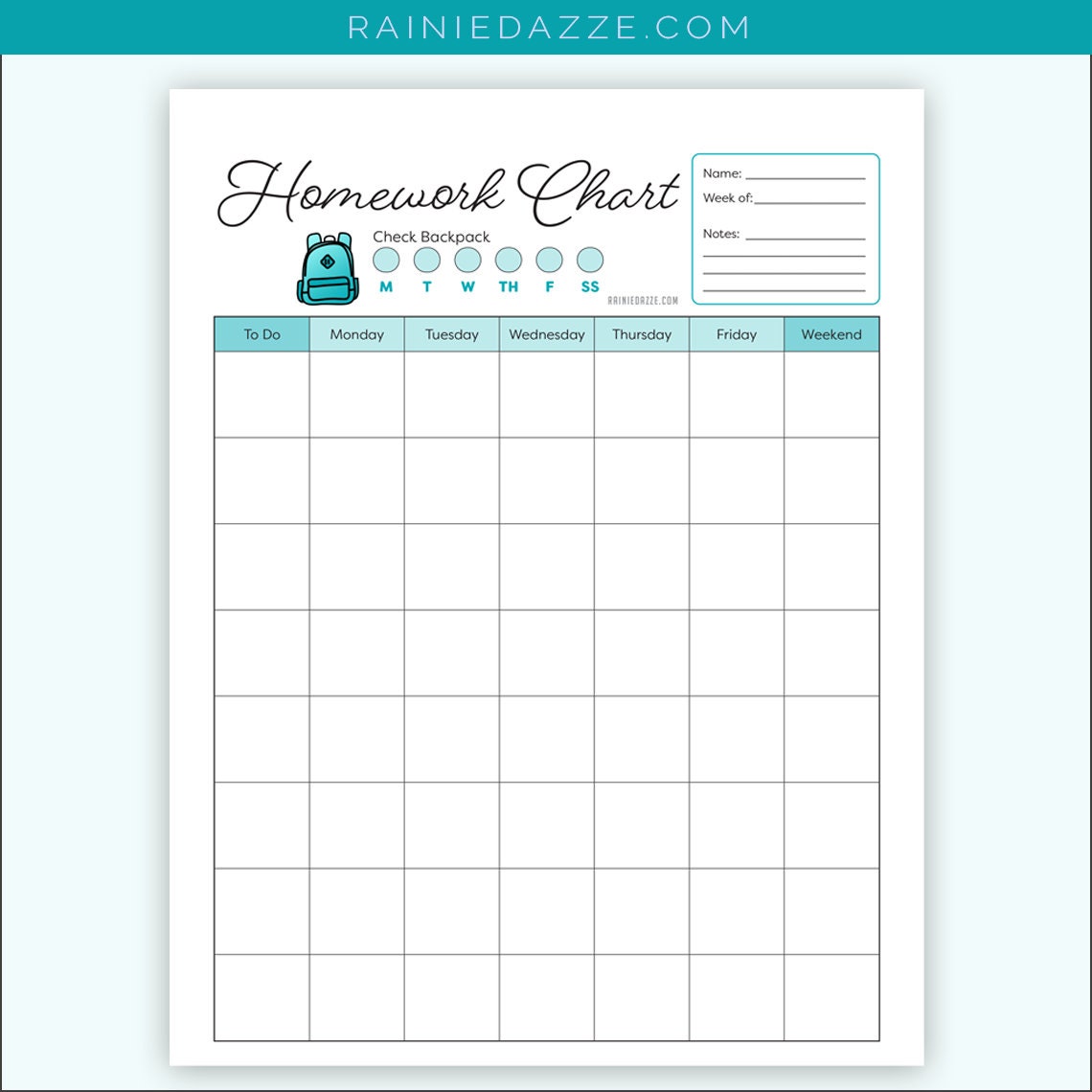 Homework Chart Printable PDF Portrait, Letter Size - Etsy