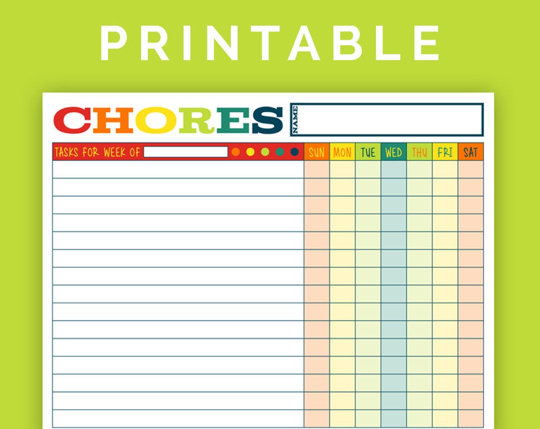 Weekly Chore Chart - Colorful, Printable PDF - Etsy