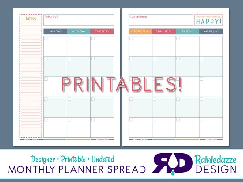 Monthly Planner Spread, Designer Printable Undated - Etsy