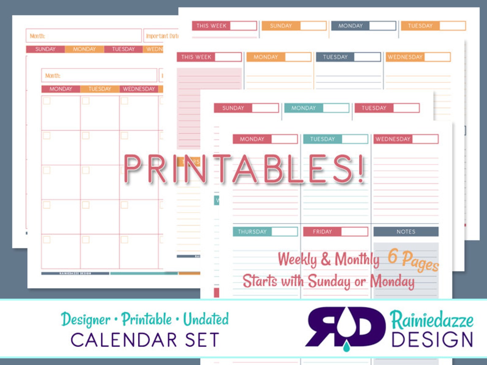 Monthly and Weekly Calendar Set - Etsy