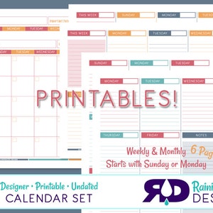 Monthly and Weekly Calendar Set - Etsy