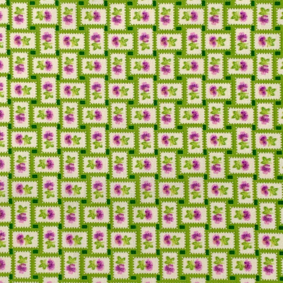 Purple Pansy on Green Weave 100% Cotton Fabric, Green Ribbon Weave ...