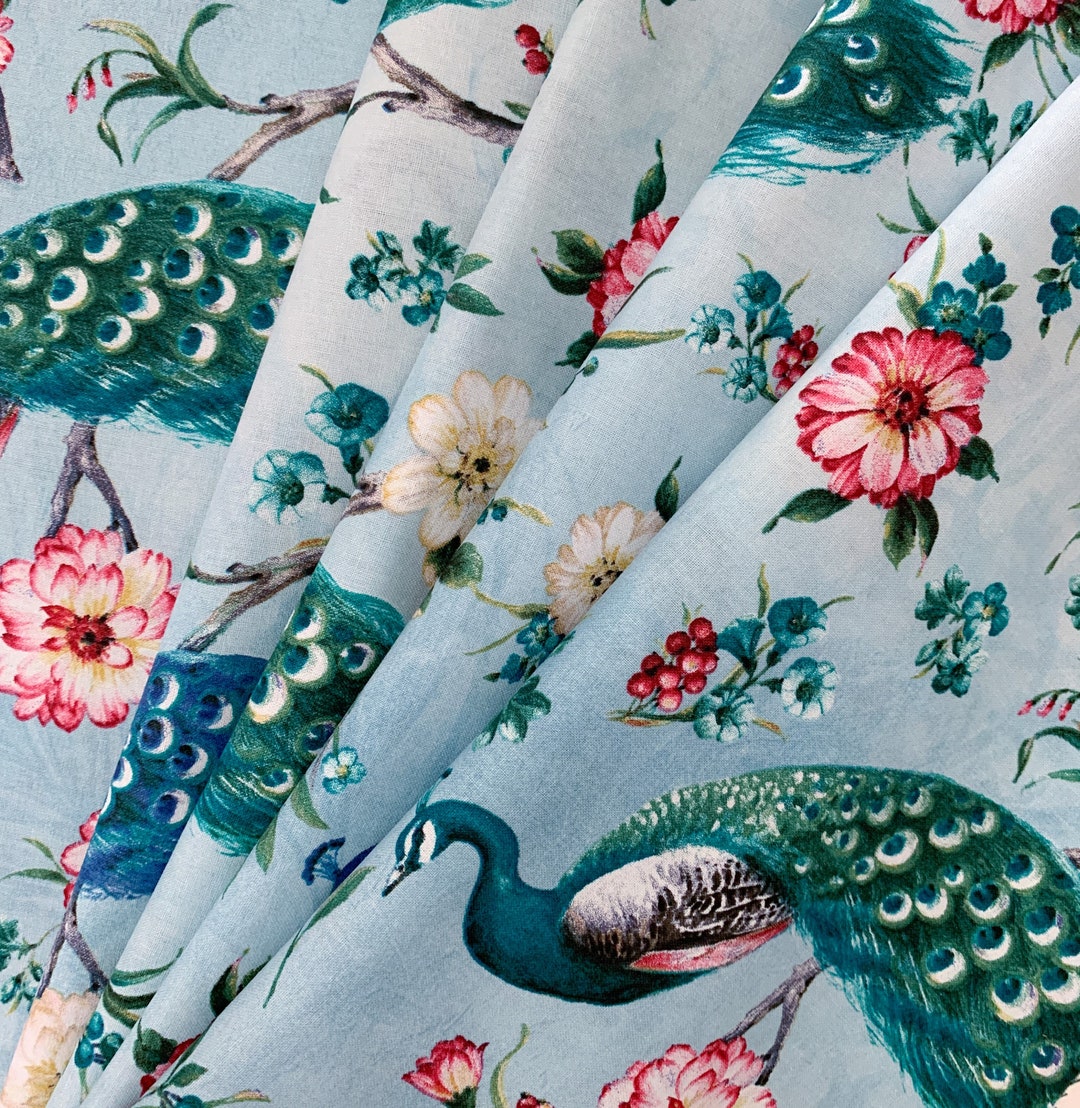 Peacock Fabric, Blue Feathered Peacock 100% Cotton Fabric - Etsy