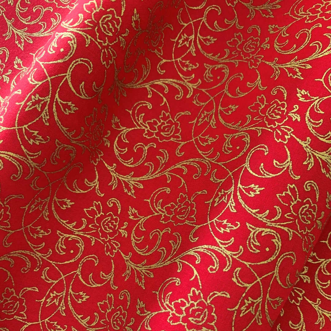 Red With Gold Vinery Christmas Fabric by the Yard and Half, 100% Cotton ...