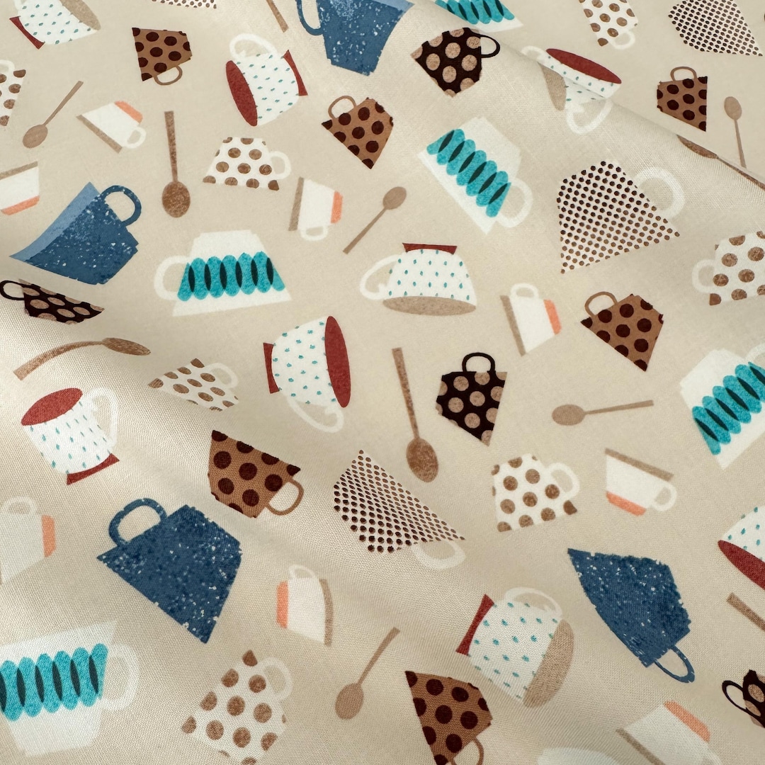 Coffee Cups & Spoons 100% Cotton Fabric, Greta Lynn Design - Etsy