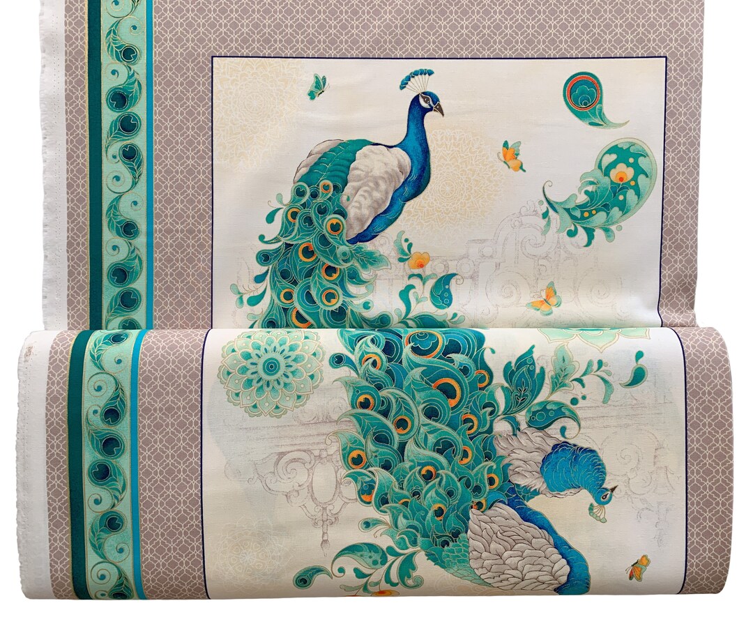 Peacock Panel, Imperial Garden Peacocks by Oasis Fabrics, 36 X 45 Taupe ...