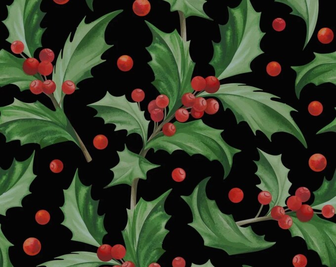 Christmas Fabric - Berry Pretty Holly on Black Cotton - Etsy