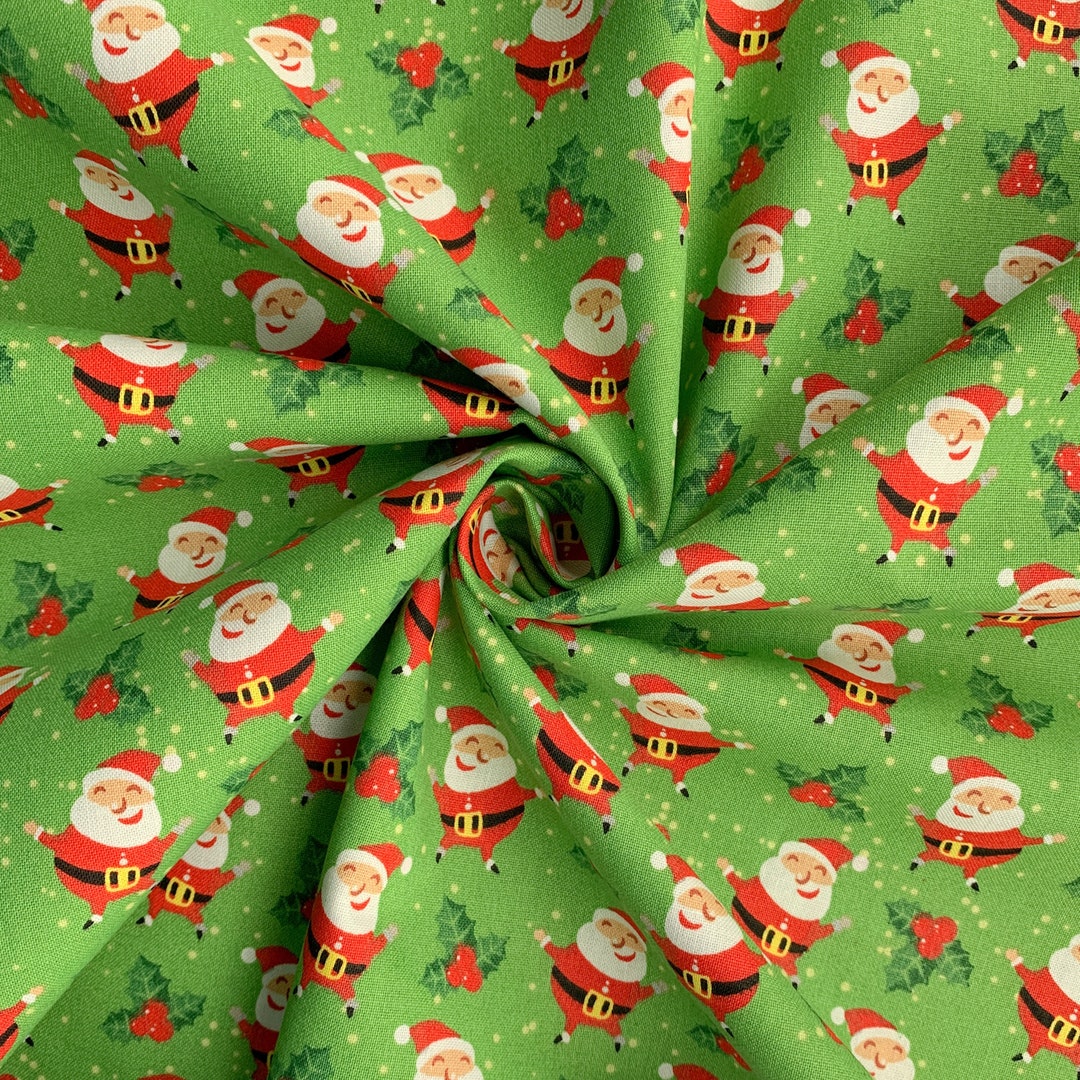 Happy Santa's on Green, Christmas Fabric by the Yard and Half Yard, 100 ...