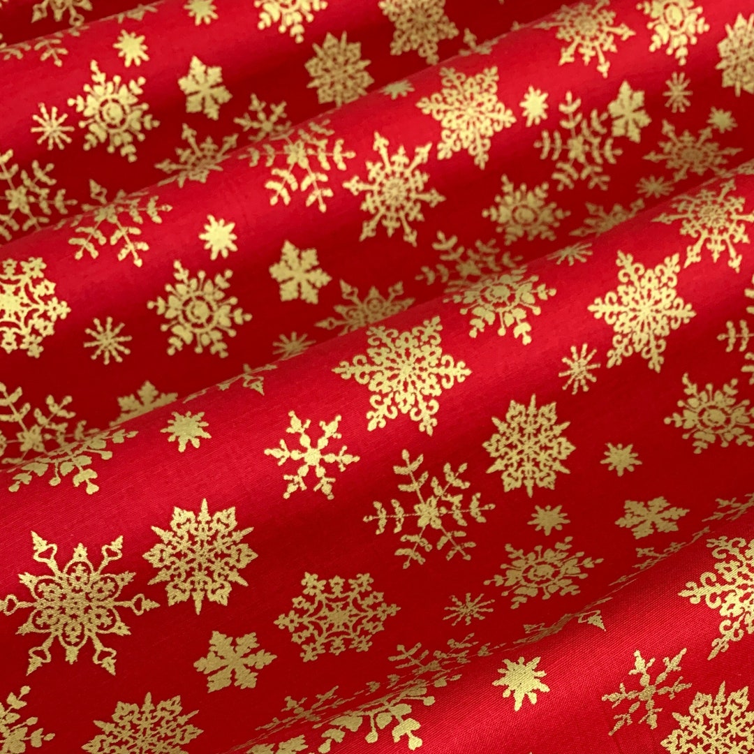 Gold Snowflakes on Red Christmas Fabric by the Yard and Half, 100% ...