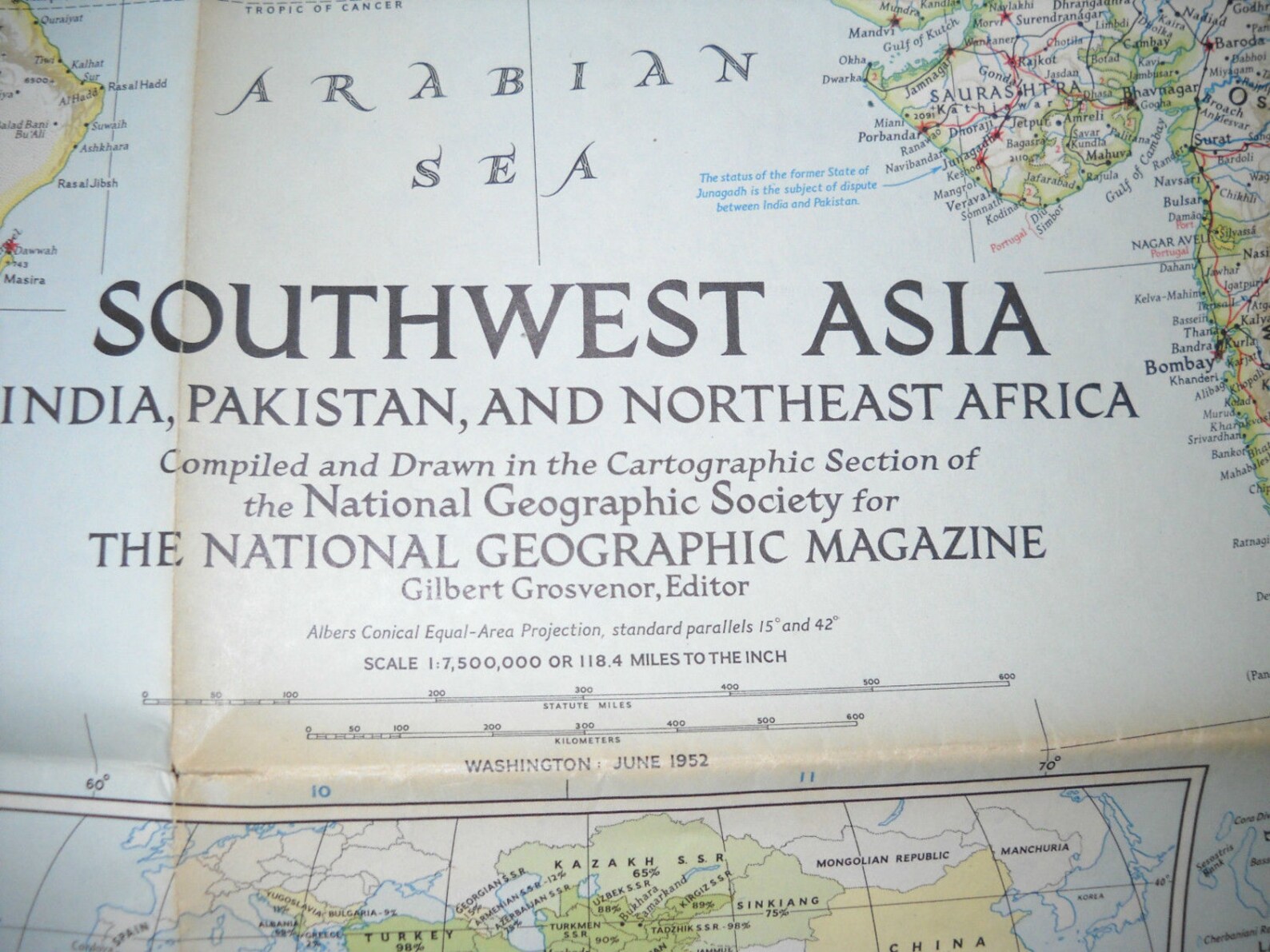 1952 Vintage National Geographic Map Southwest Asia, June 1952 Nat Geo ...