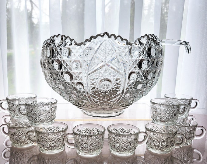 Large Punch Bowl Set W/12 Cups & Glass Ladle-vintage L E Smith Daisy ...