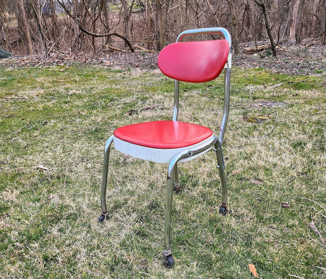 Mid Century Typing Desk Chair on Wheels W/chrome Frame & Red Vinyl Seat ...