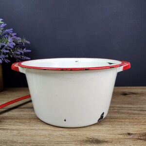 Vintage Porcelain Enameled Pot & Ladle-white W/red Trim Rustic ...