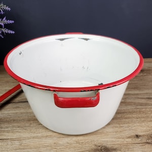Vintage Porcelain Enameled Pot & Ladle-white W/red Trim Rustic ...