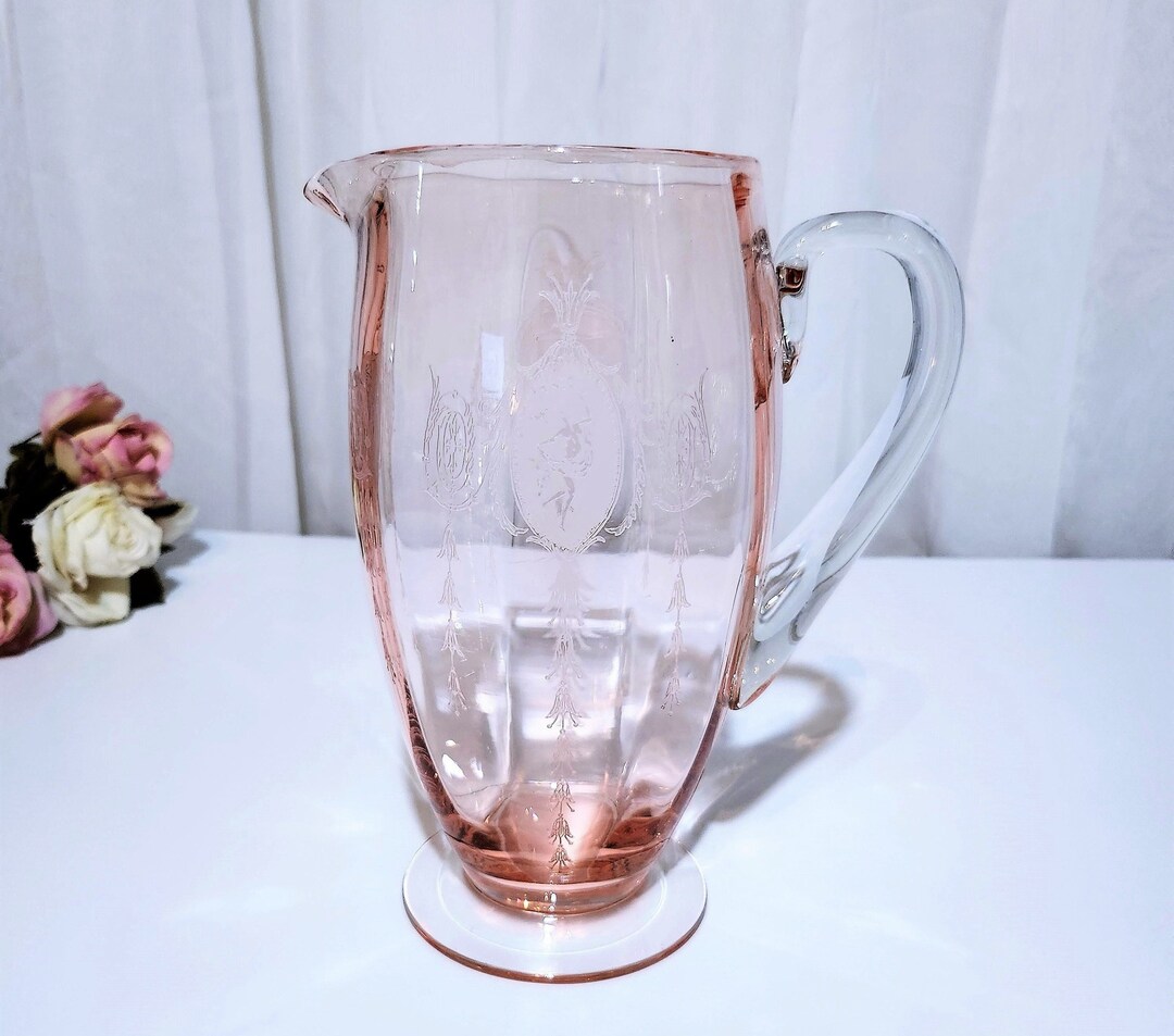 Tiffin Etched Rose Pink Classic Medallion Pitcher-optic Footed W/clear ...