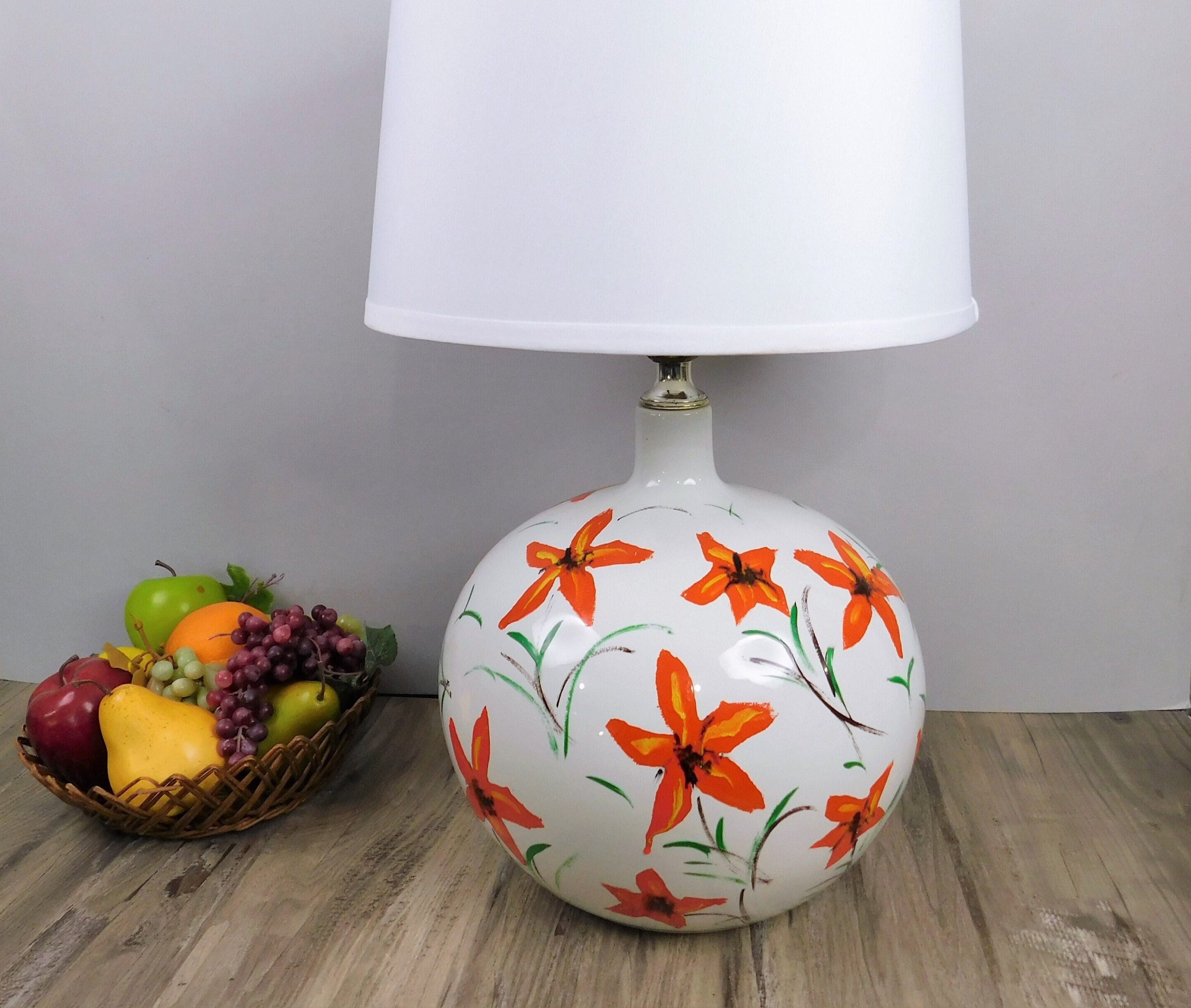 Vintage Round Ceramic Lamp W/hand Painted Flowers-mod Abstract - Etsy