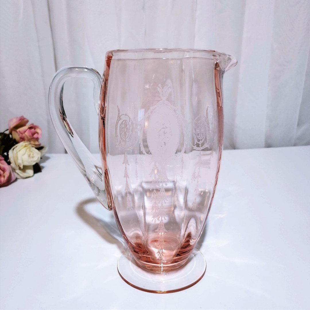 Tiffin Etched Rose Pink Classic Medallion Pitcher-optic Footed W/clear ...