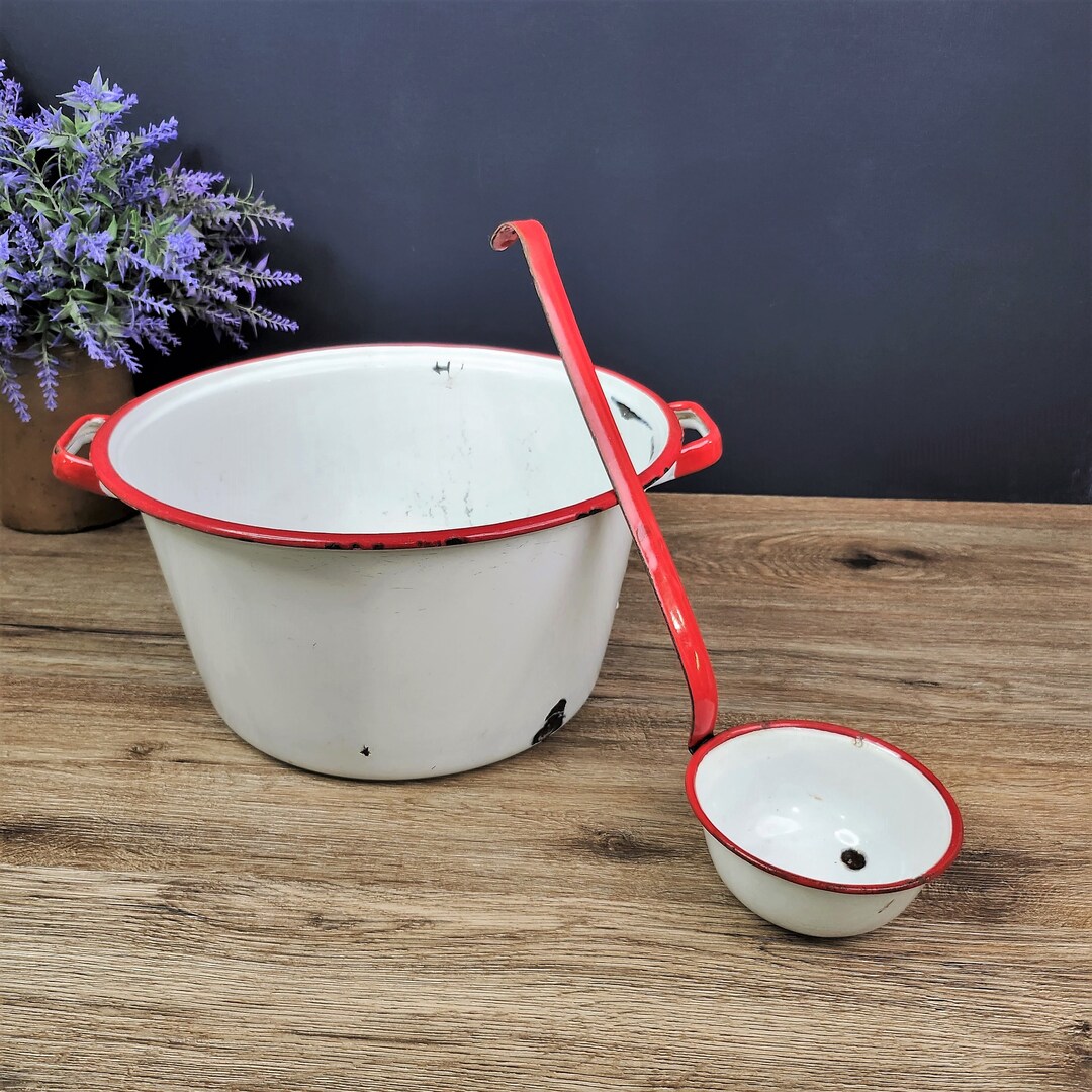 Vintage Porcelain Enameled Pot & Ladle-white W/red Trim Rustic ...