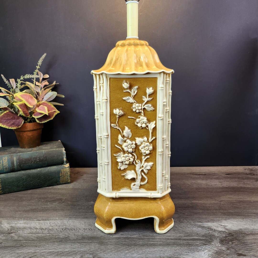 Vintage Asian Style Table Lamp W/bamboo & Cherry Flower Blossoms - Etsy