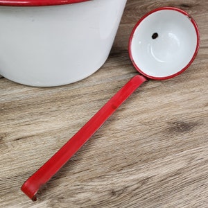 Vintage Porcelain Enameled Pot & Ladle-white W/red Trim Rustic ...