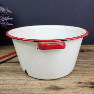 Vintage Porcelain Enameled Pot & Ladle-white W/red Trim Rustic ...