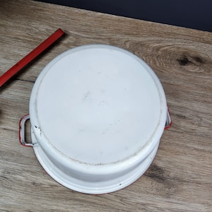 Vintage Porcelain Enameled Pot & Ladle-white W/red Trim Rustic ...