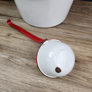 Vintage Porcelain Enameled Pot & Ladle-white W/red Trim Rustic ...